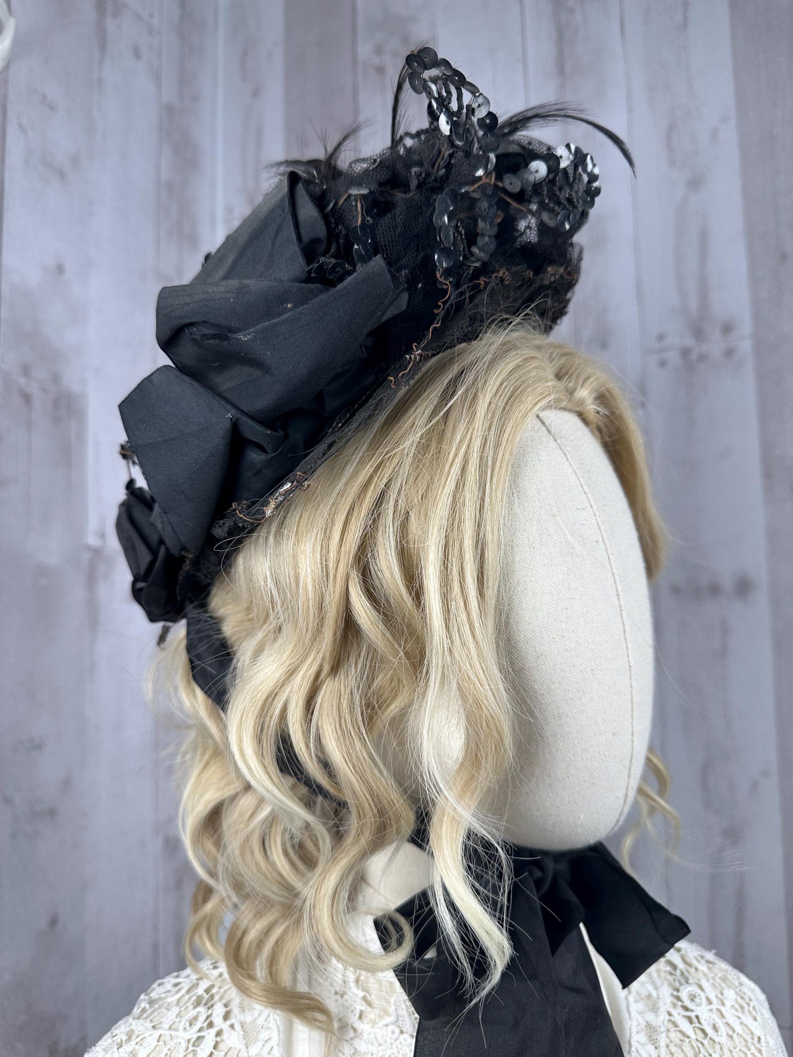 C1880-1890s Victorian French Fashion HAT Inky Black Straw Bun Bonnet W ...
