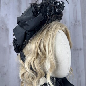 C1880-1890s Victorian French Fashion HAT Inky Black Straw Bun Bonnet W ...