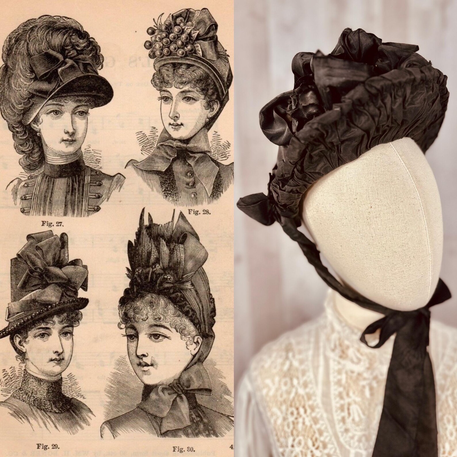 1900s Victorian Mourning HAT Inky Black Brim Bonnet W/silk Flower ...