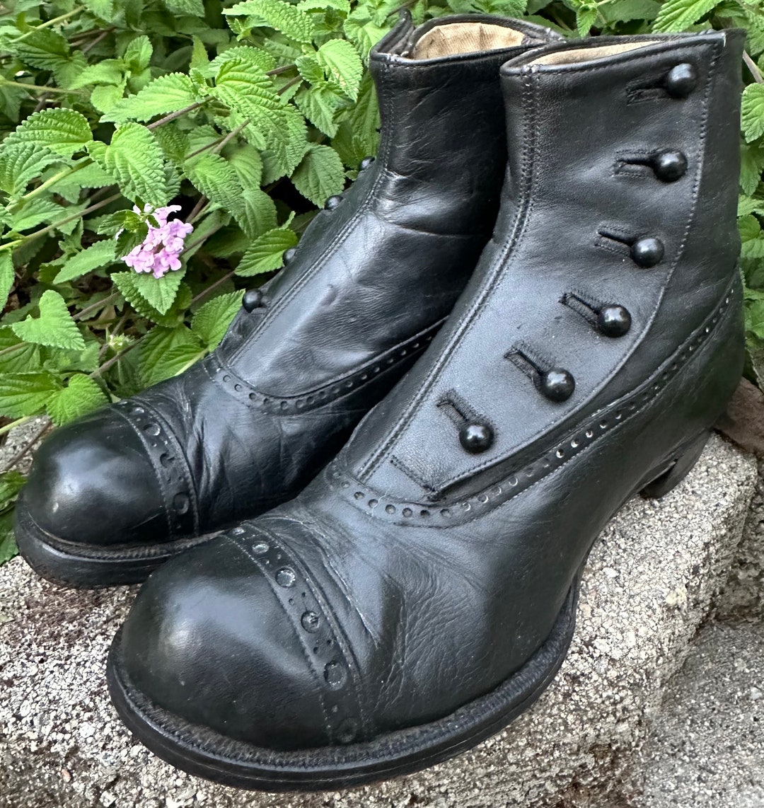 1900s Antique Edwardian Button Boots Shoes Black Leather Mens/womens ...