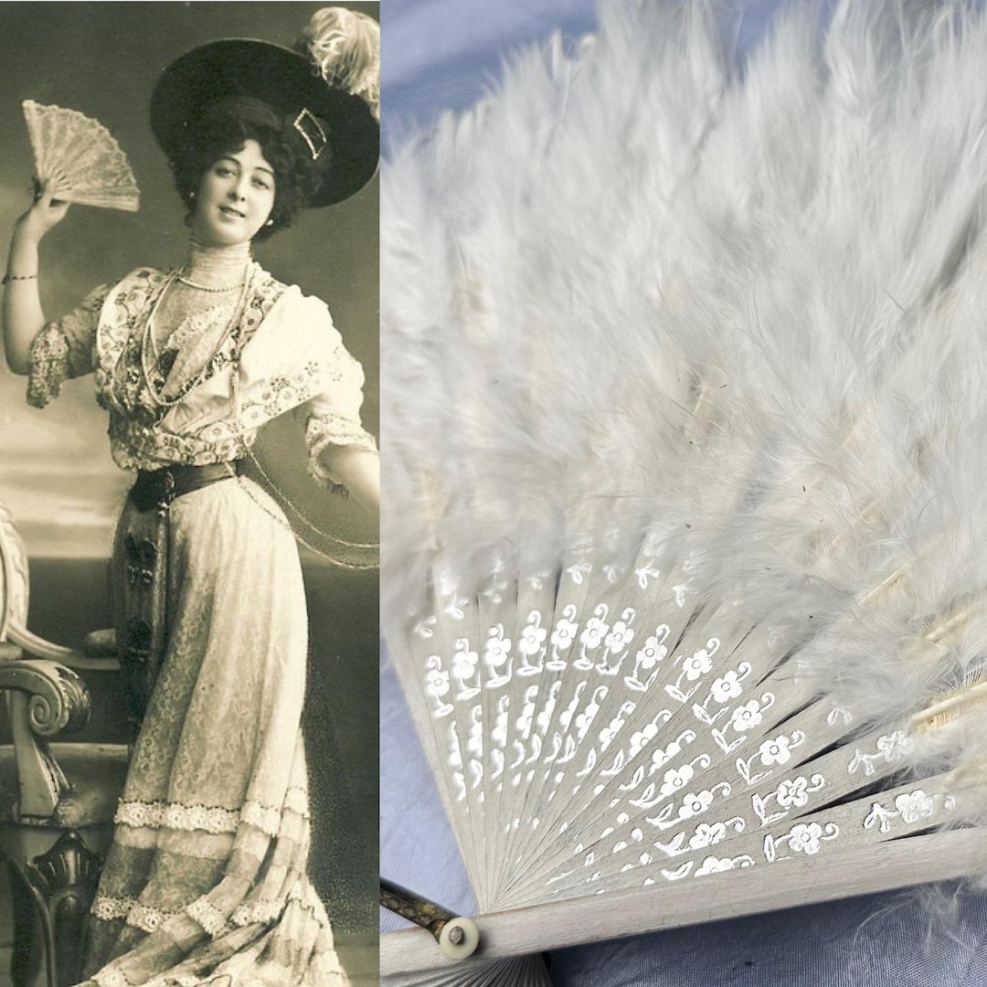 1910s Edwardian Feather Hand Fan ~ Mini White W/wooden Spines ~ Silver ...