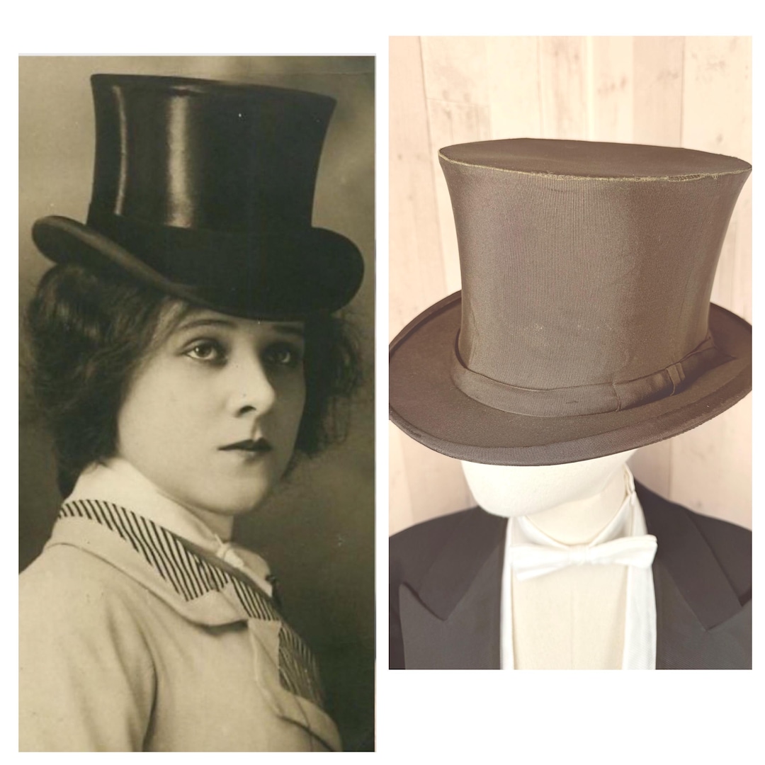1900s Edwardian Collapsible TOP HAT Inky Black Wool Unisex 8” Opening ...