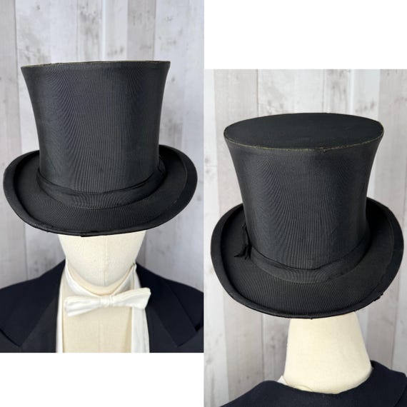 1900s Edwardian Collapsible TOP HAT Inky Black Wool U… - Gem