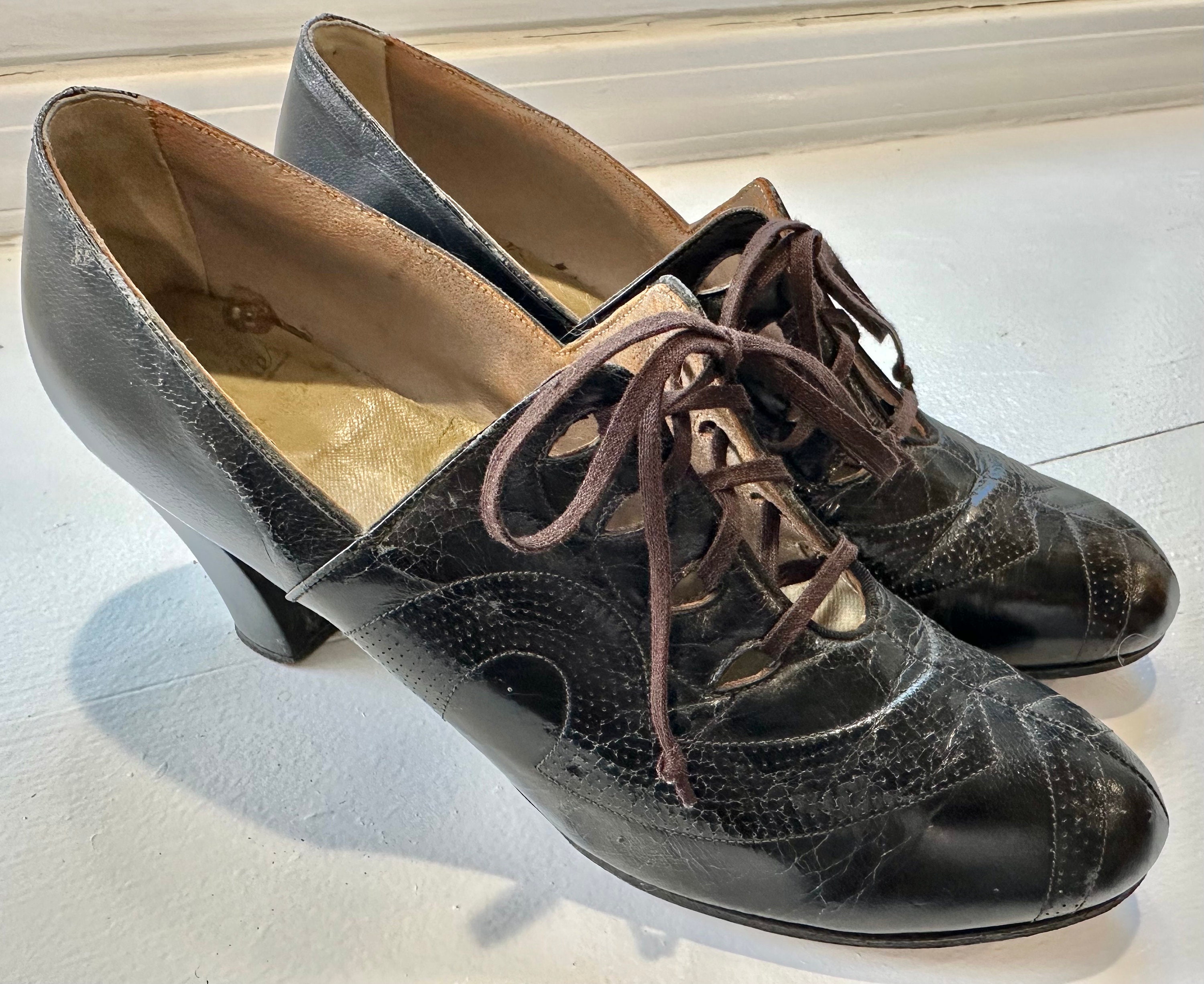 Antique Edwardian Shoes Black Leather Lace-up Oxford Granny Heels 9 ...