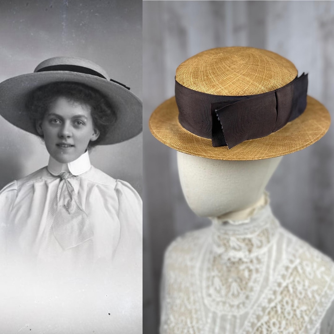 1910s Edwardian Straw HAT Grosgrain Ribbon Band & Bow Natural Woven ...
