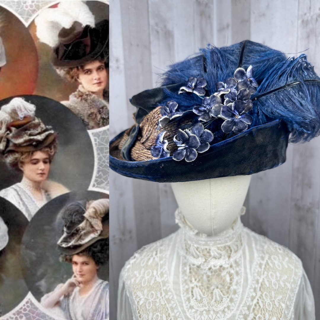 1910s Edwardian HAT Blue Velvet Ostrich Feather Plume & Flowers ...
