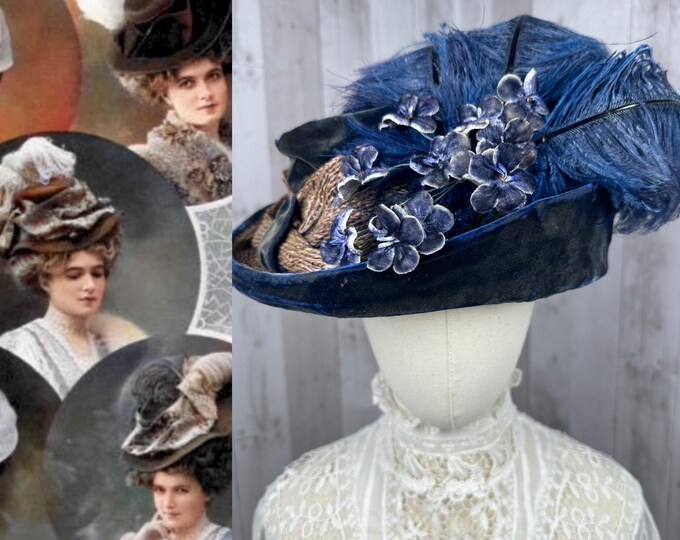 1910s Edwardian HAT Blue Velvet Ostrich Feather Plume & Flowers ...