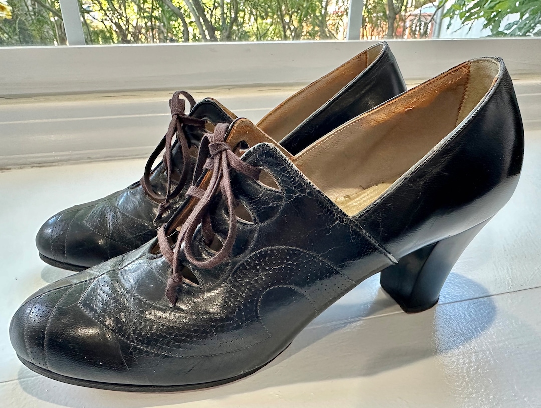 Antique Edwardian Shoes Black Leather Lace-up Oxford Granny Heels 9" - Etsy