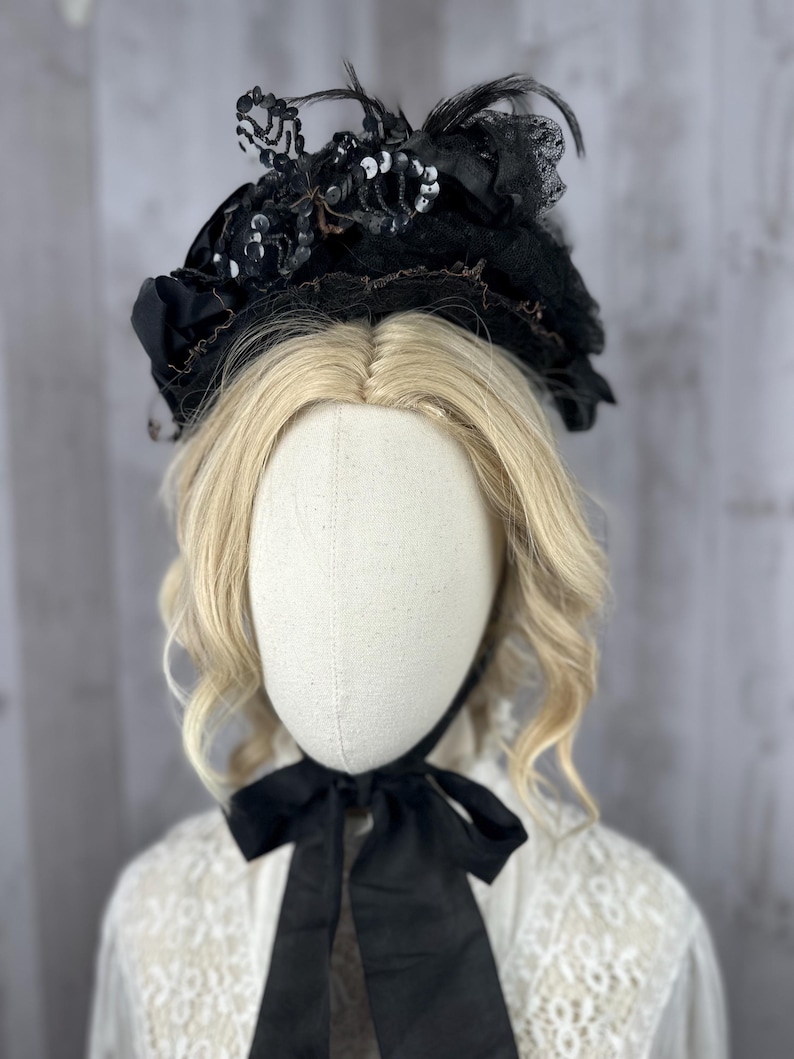 C1880-1890s Victorian French Fashion HAT Inky Black Straw Bun Bonnet W ...