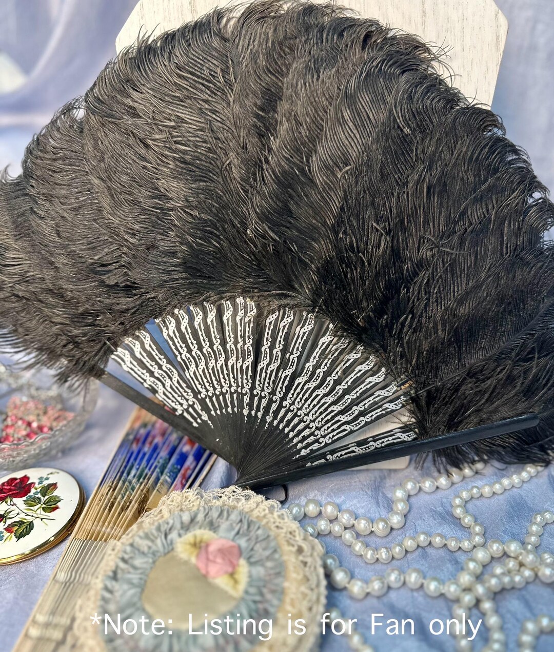 1910s Edwardian Ostrich Feather Hand Fan ~ Black W/wooden Spines ...
