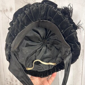 1890s Victorian Mourning HAT Inky Black Brim Bonnet Beaded Velvet ...