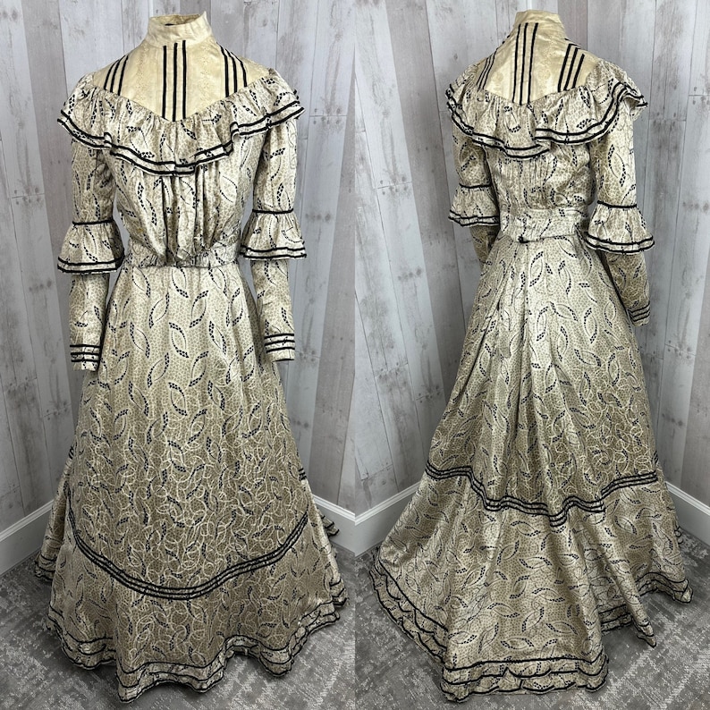 1890s~1900s Edwardian Gown 2PC Gibson Girl Dress Silk Brocade Gold ...