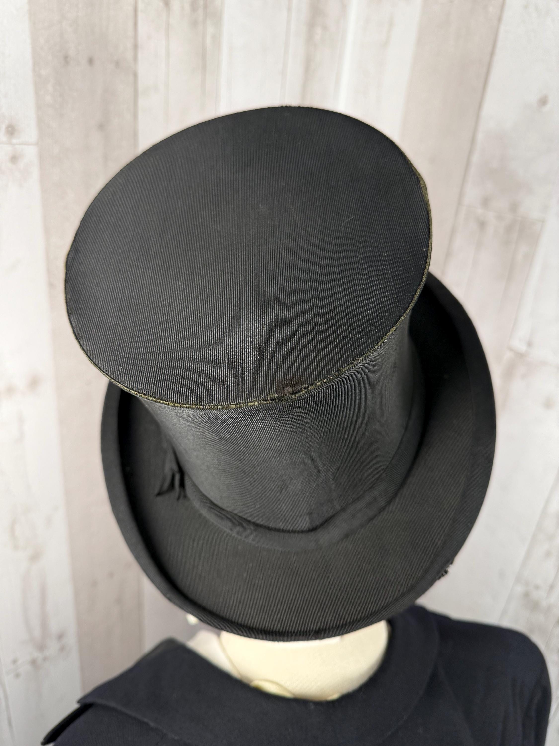 1900s Edwardian Collapsible TOP HAT Inky Black Wool Unisex 8” Opening ...