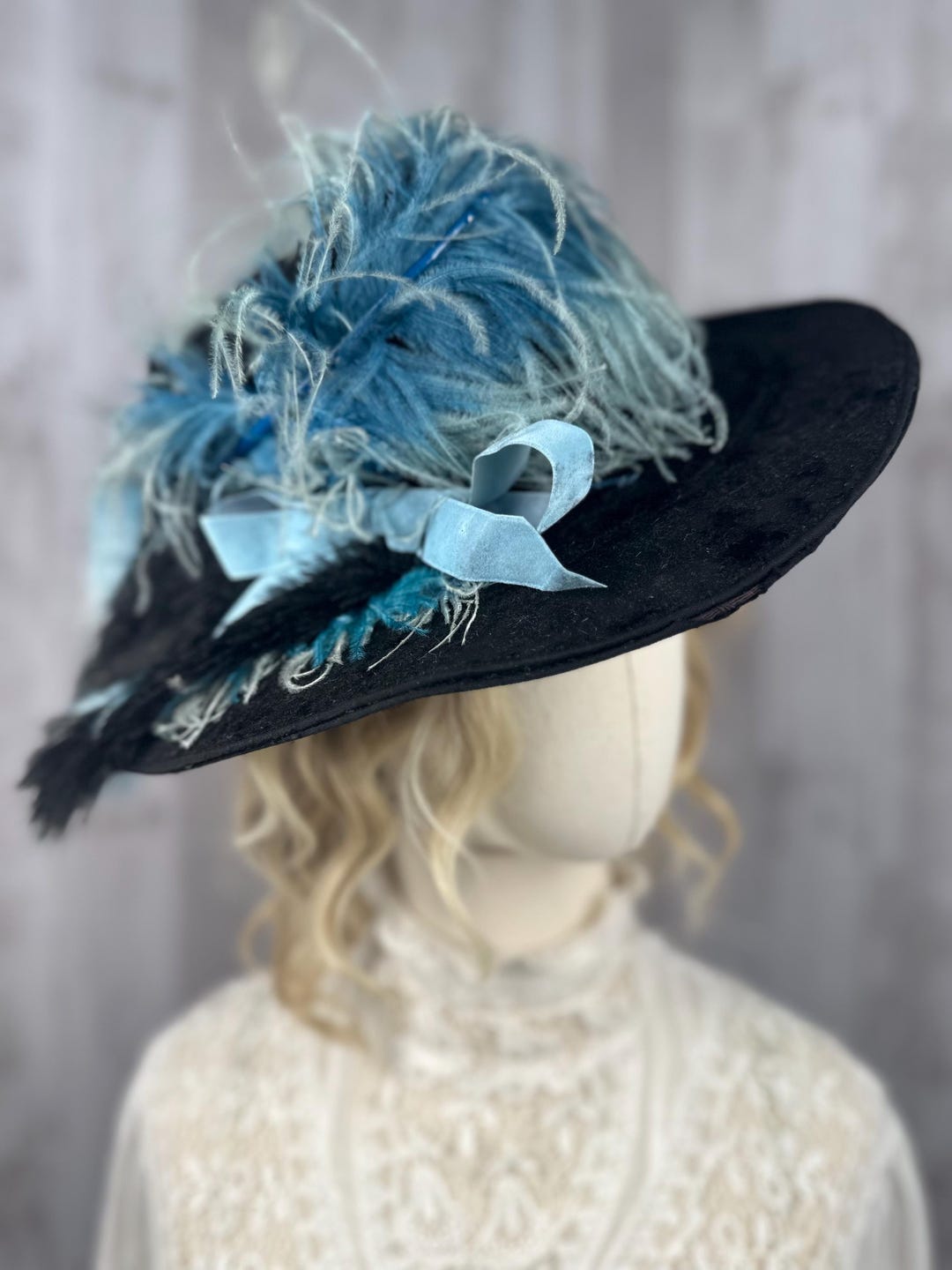 1910s Authentic Edwardian HAT Black Wide Brim Velvet W/pale Blue ...