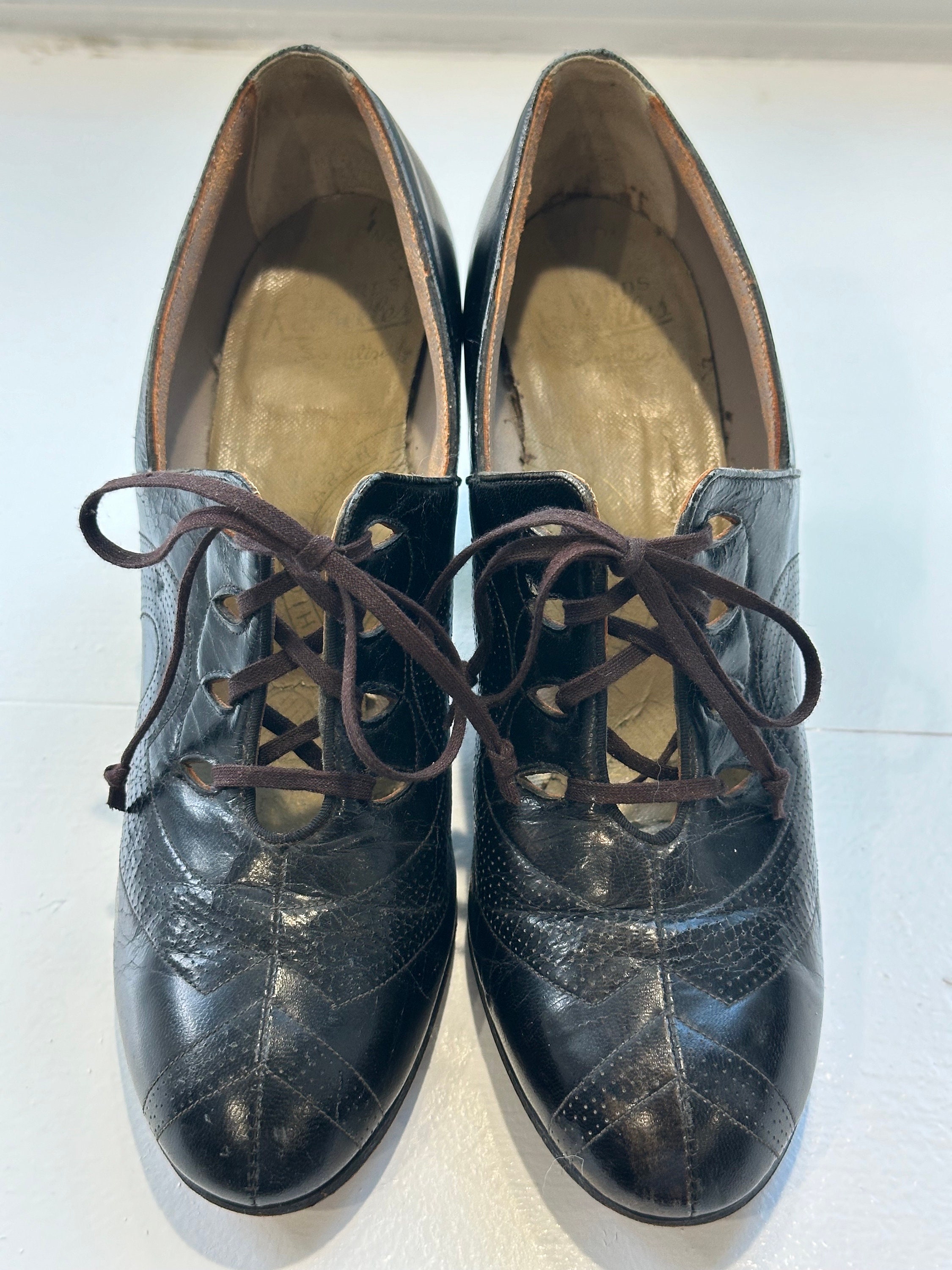 Antique Edwardian Shoes Black Leather Lace-up Oxford Granny Heels 9 - Etsy