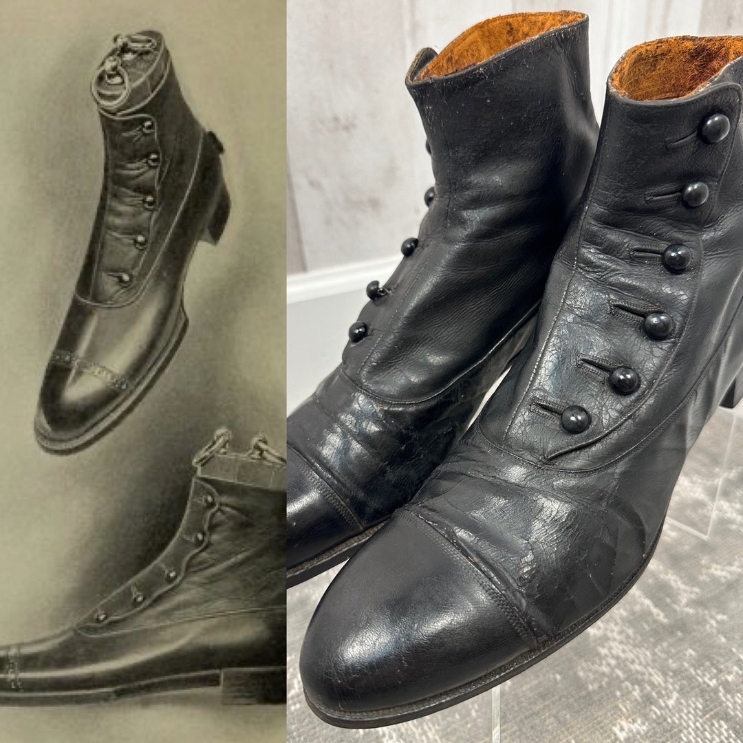 1900s Mens Antique Edwardian Button Boots Smooth Black Leather Unisex ...