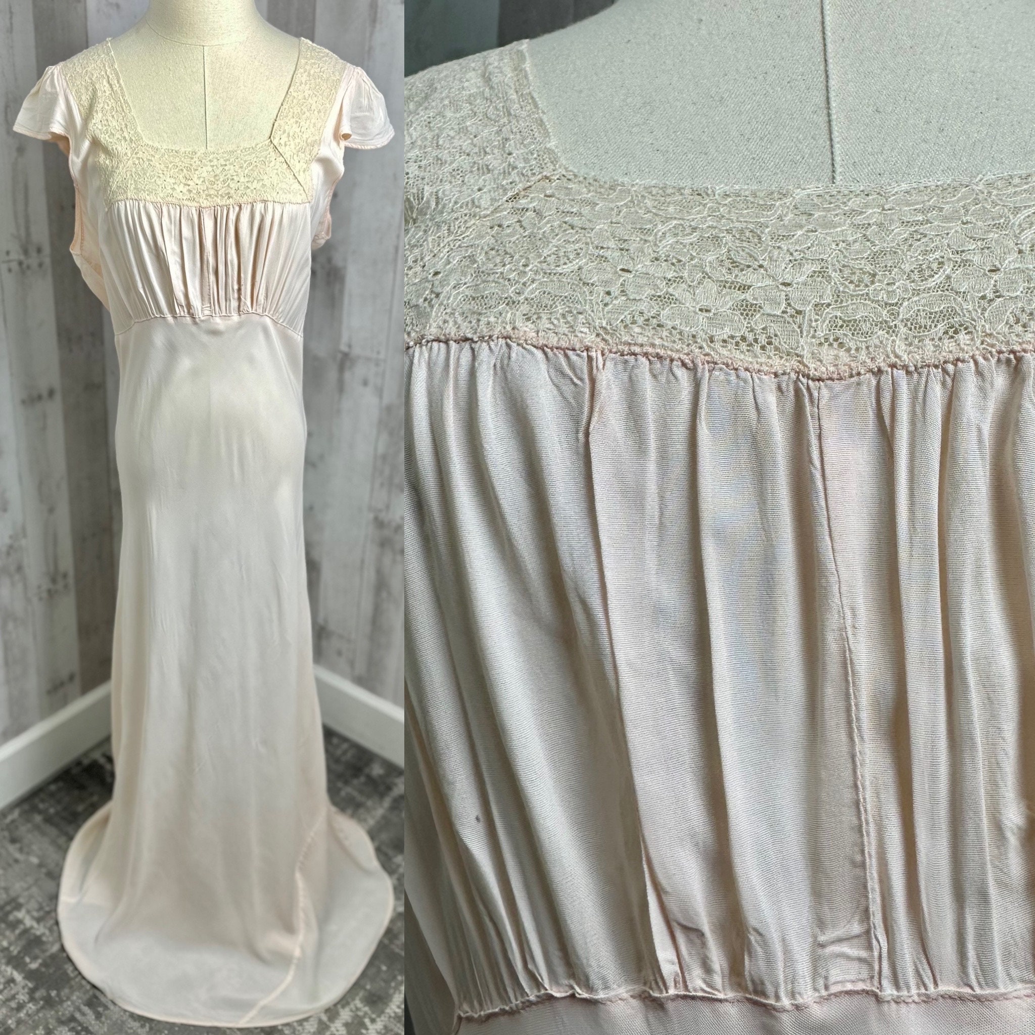 1930s Antique Nightgown / Lingerie Pale Pink Bias Cut Lace Neckline ...