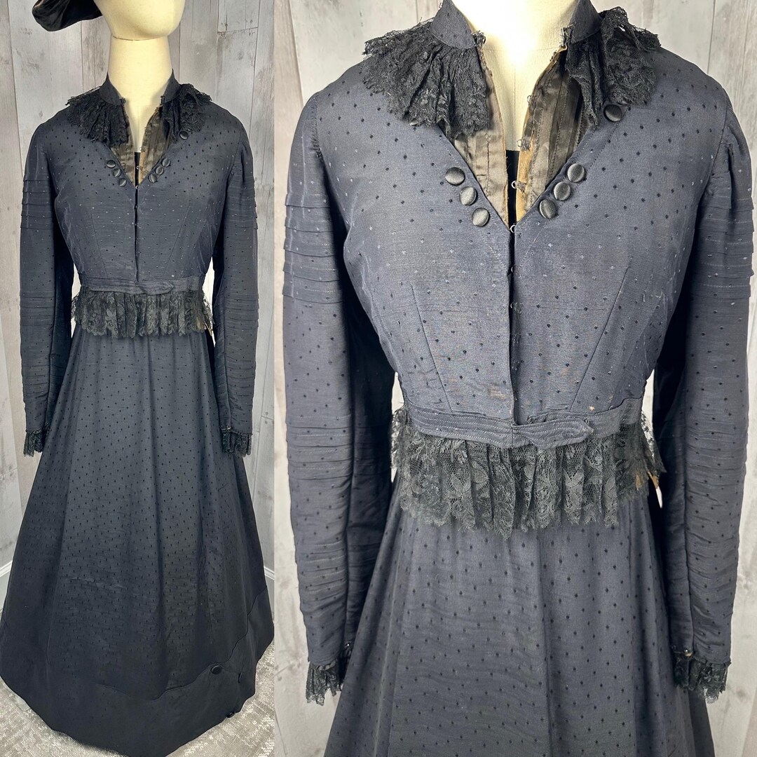 1900s Edwardian Blue/black Polka Dot Dress W/corset Jacket Antique 2PC ...