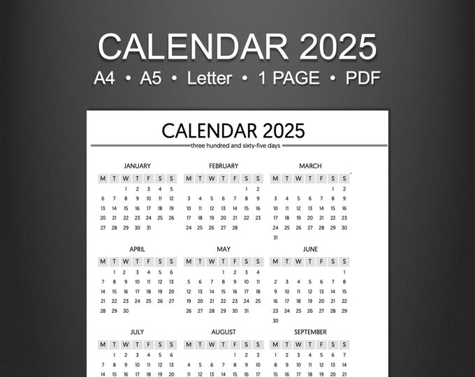 Year on One Page for 2025, A5 Printable 2025 One Page, A5 Calendar ...