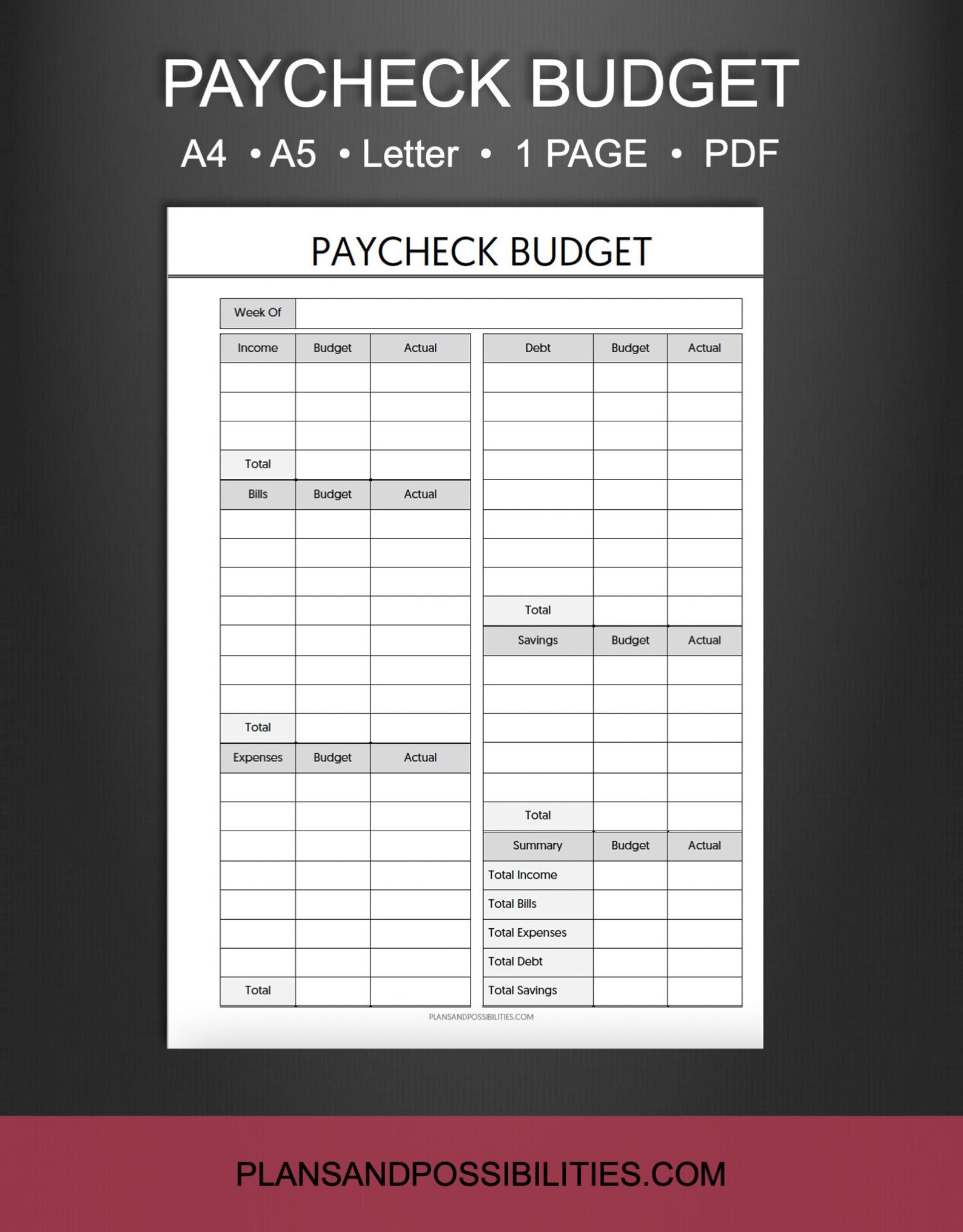 Weekly Paycheck Tracker Printable, Weekly Budget Template, Pacheck ...