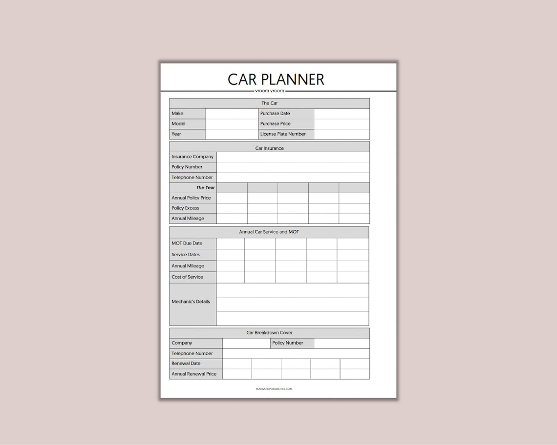 Car Planner Printable Vehicle Maintenance Insert Vehicle - Etsy