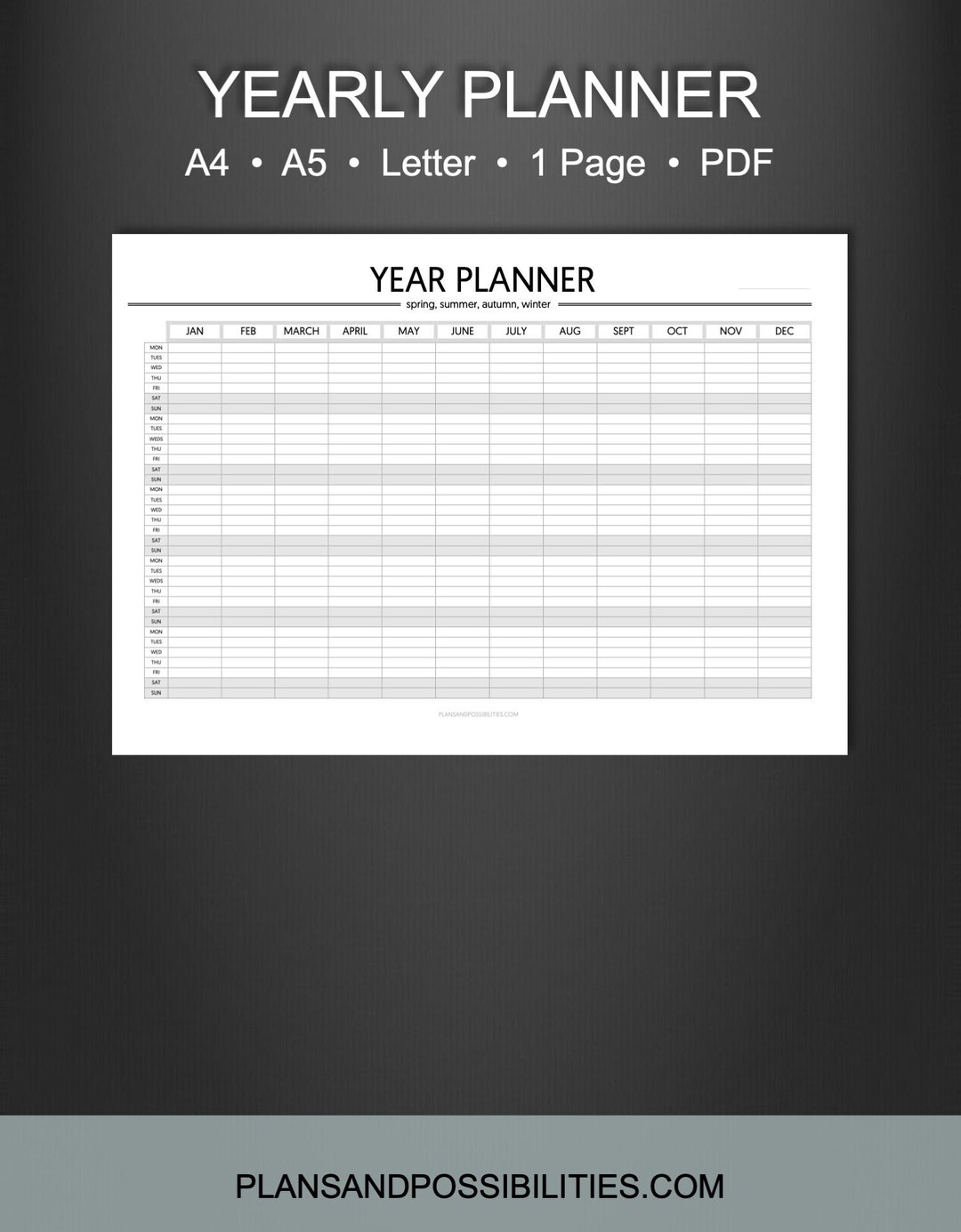 Year at A Glance Printable Yearly Wall Planner Undated Year Calendar ...