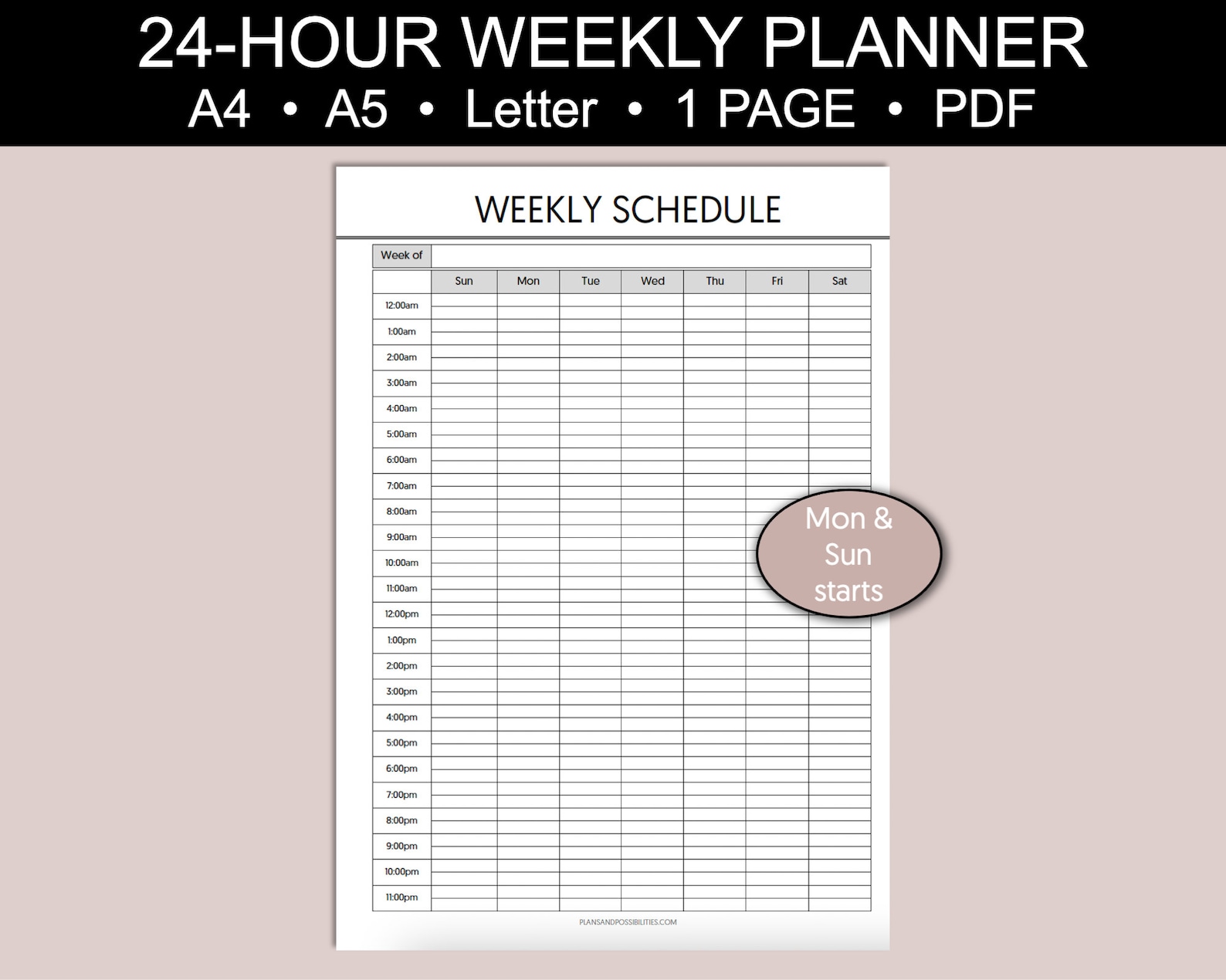 24 Hour Weekly Planner Printable, Weekly Schedule Template, Week at A ...