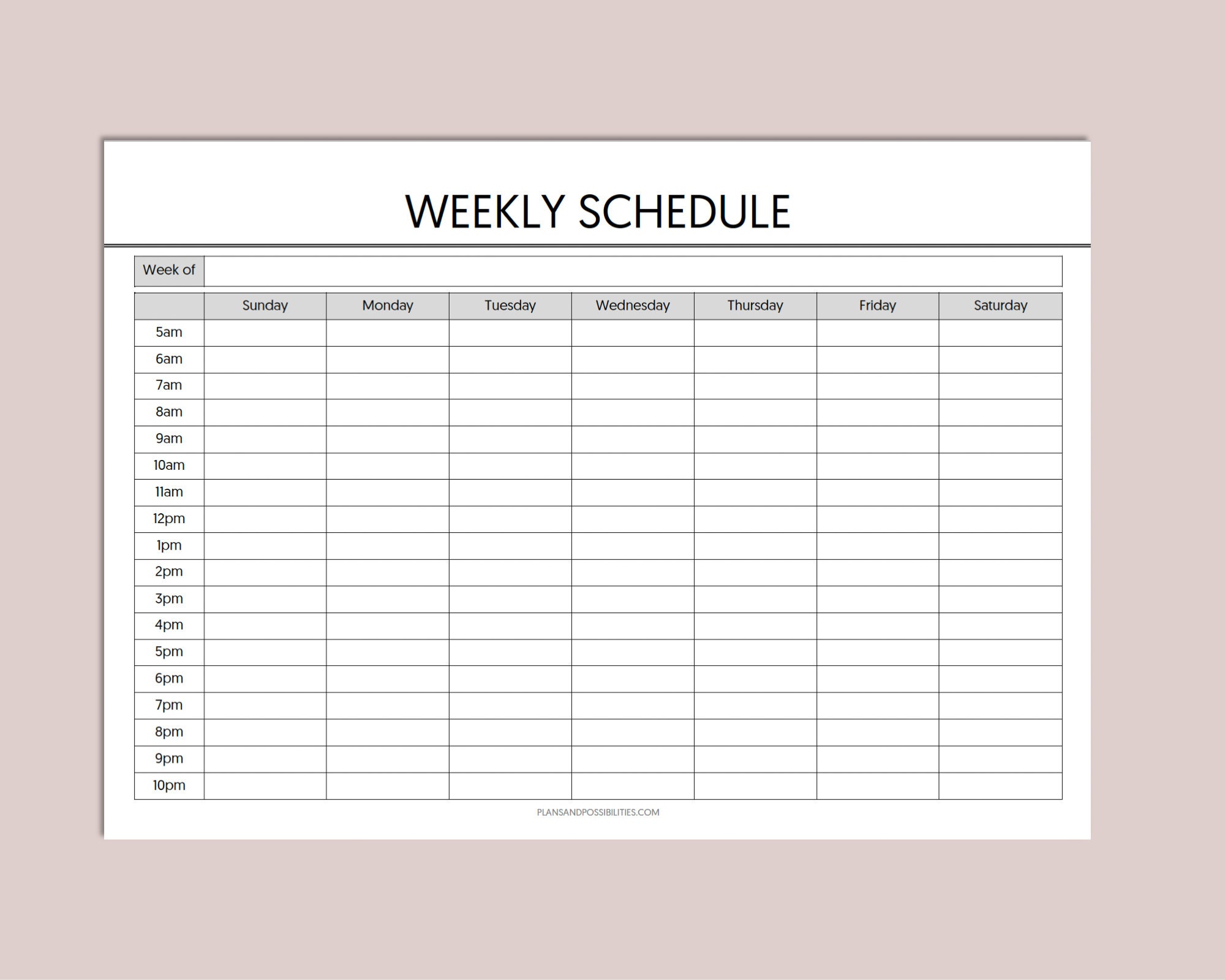 Hourly Weekly Schedule, Hourly Weekly Planner Printable, Horizontal ...