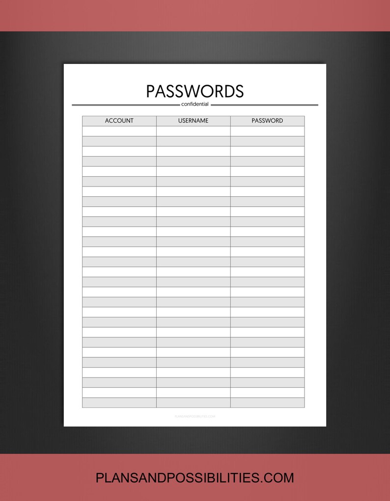 Password Tracker Printable Password Insert Username Record - Etsy
