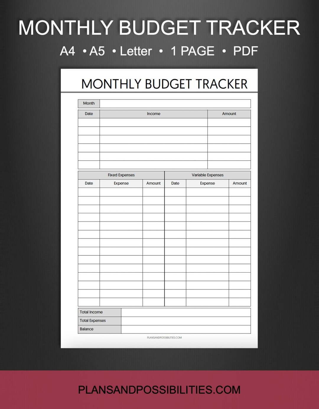 Monthly Budget Tracker Printable, Monthly Budget Planner Printable ...
