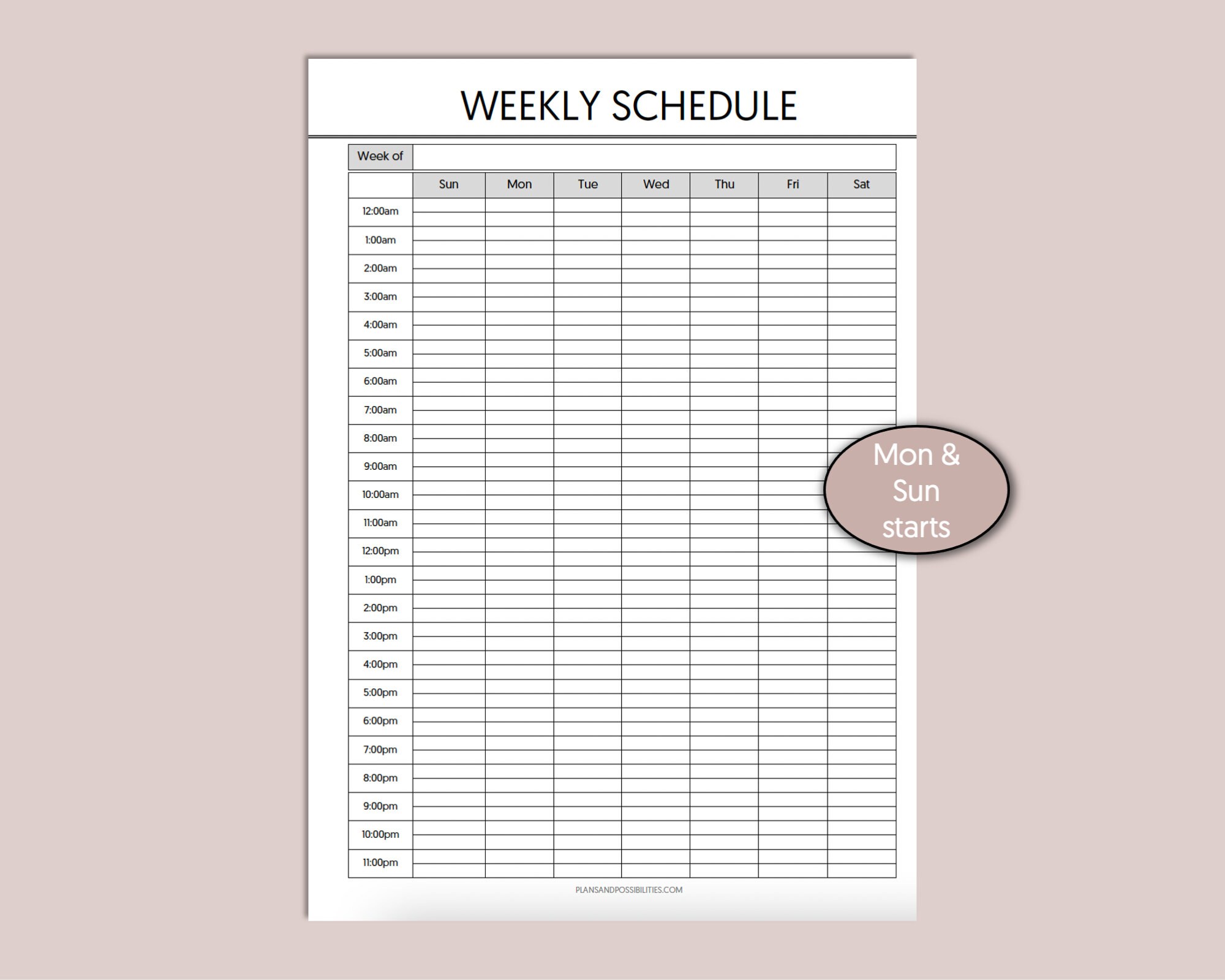 24 Hour Weekly Planner Printable, Weekly Schedule Template, Week at A ...