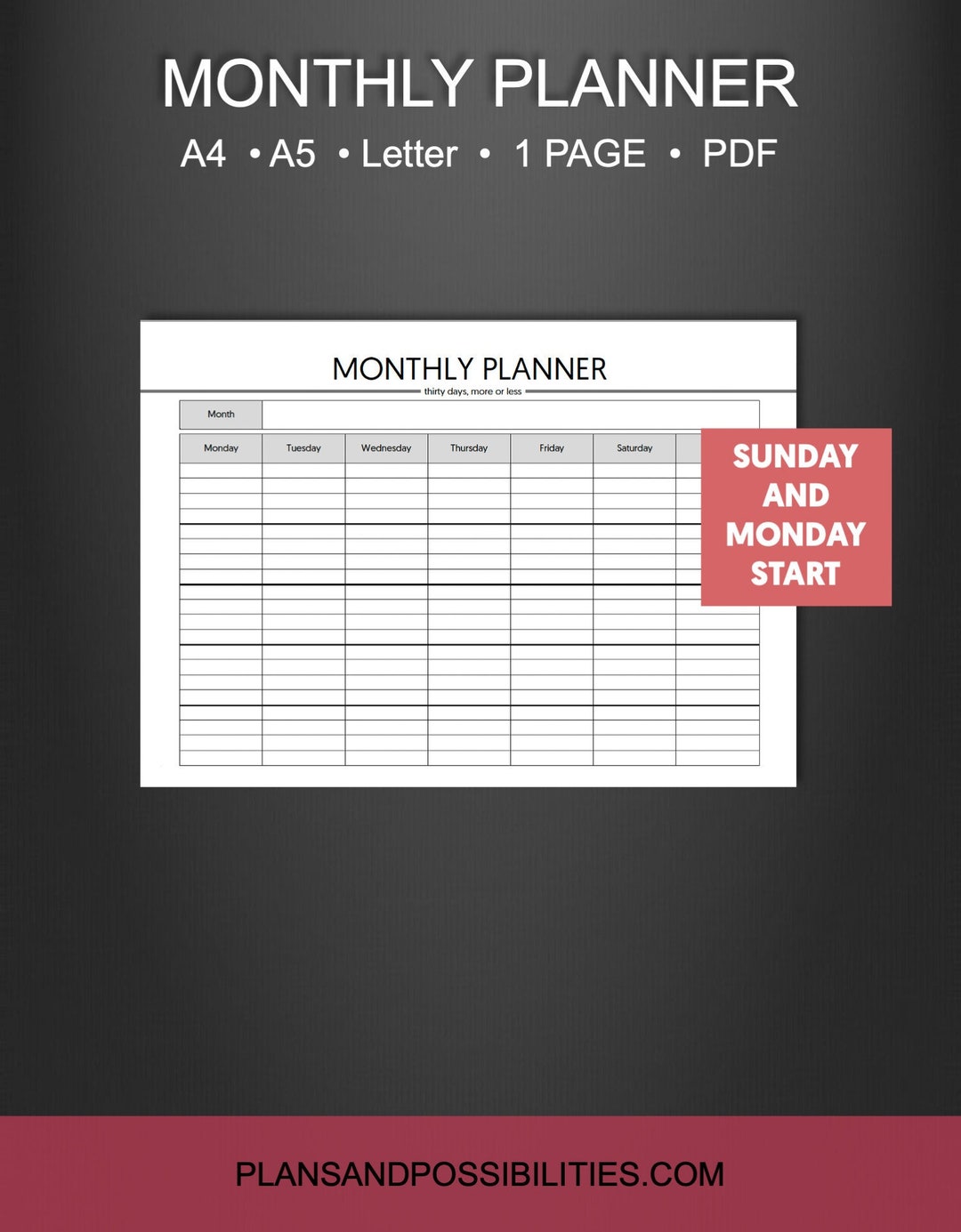 Month on One Page Planner Printable, Minimalist Schedule Simple ...