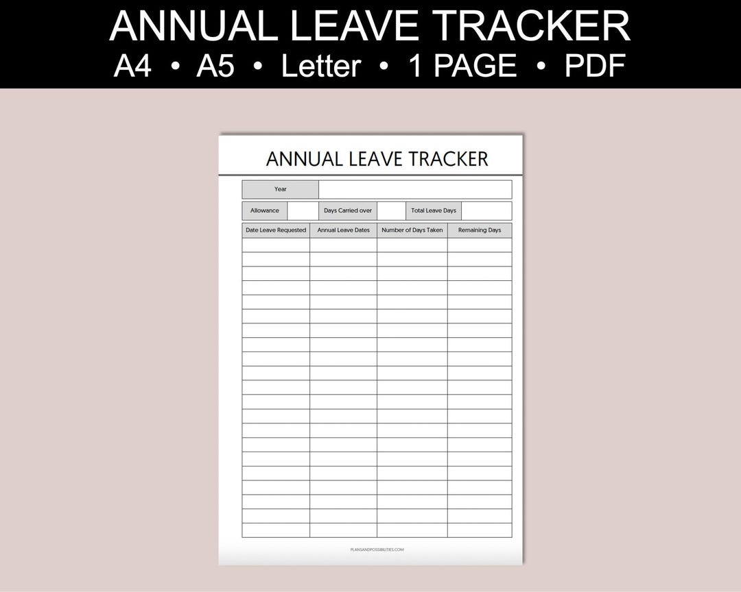 Annual Leave Tracker, Work Leave Printable, Annual Leave Planner, Work ...