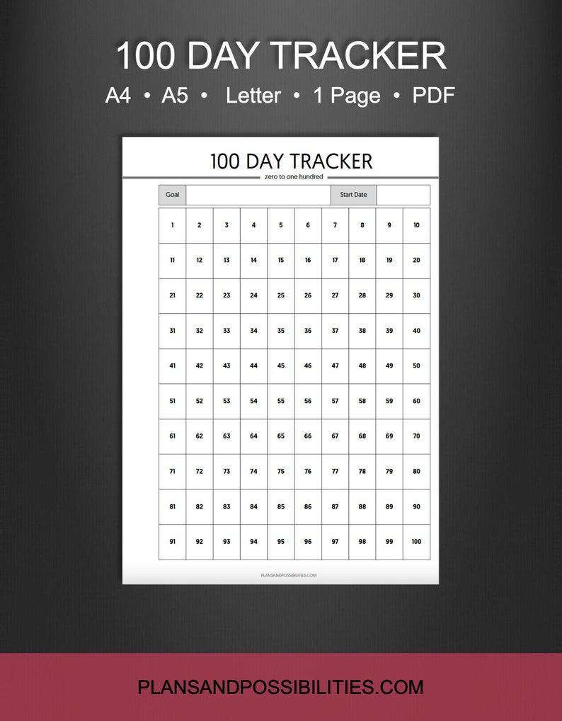 100 Day Challenge Tracker, 100 Day Goal Tracker, 100 Day Habit Tracker ...