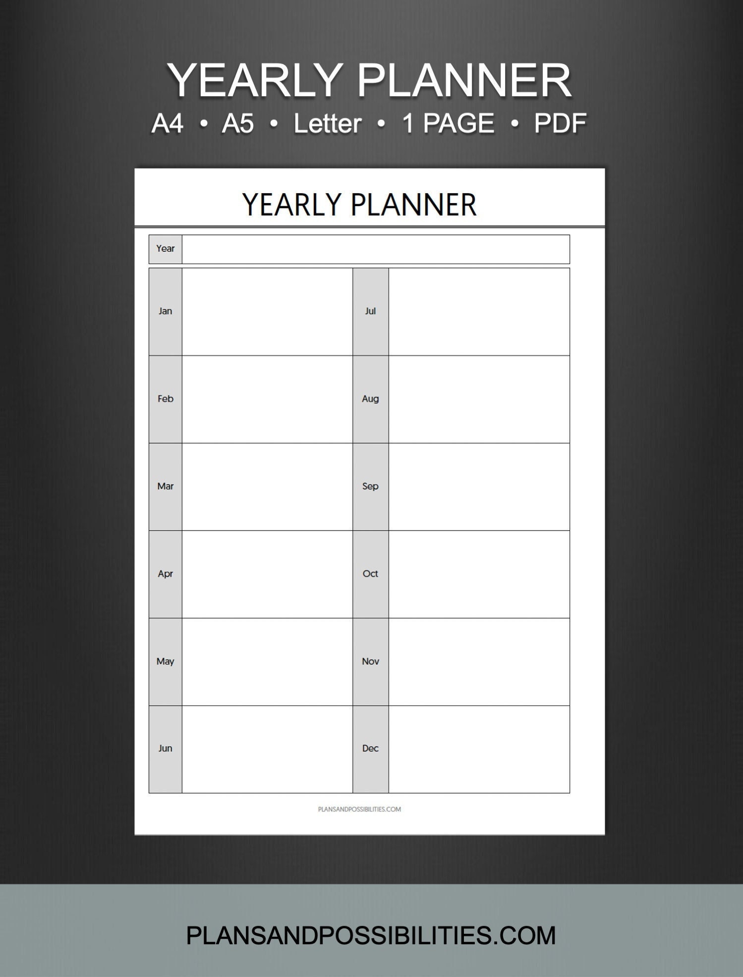 Yearly Tasks Printable Landscape, One Page Calendar, Printable Vertical ...