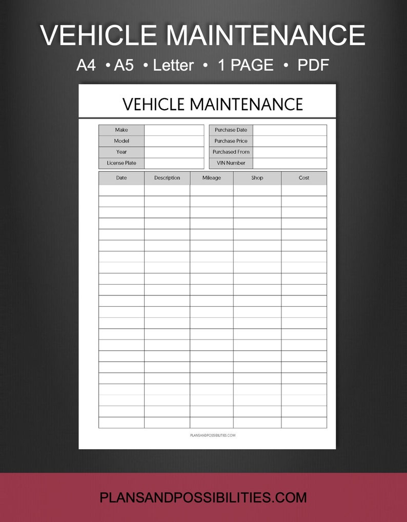 Vehicle Maintenance Log Book Printable Planner Carvehicle - Etsy