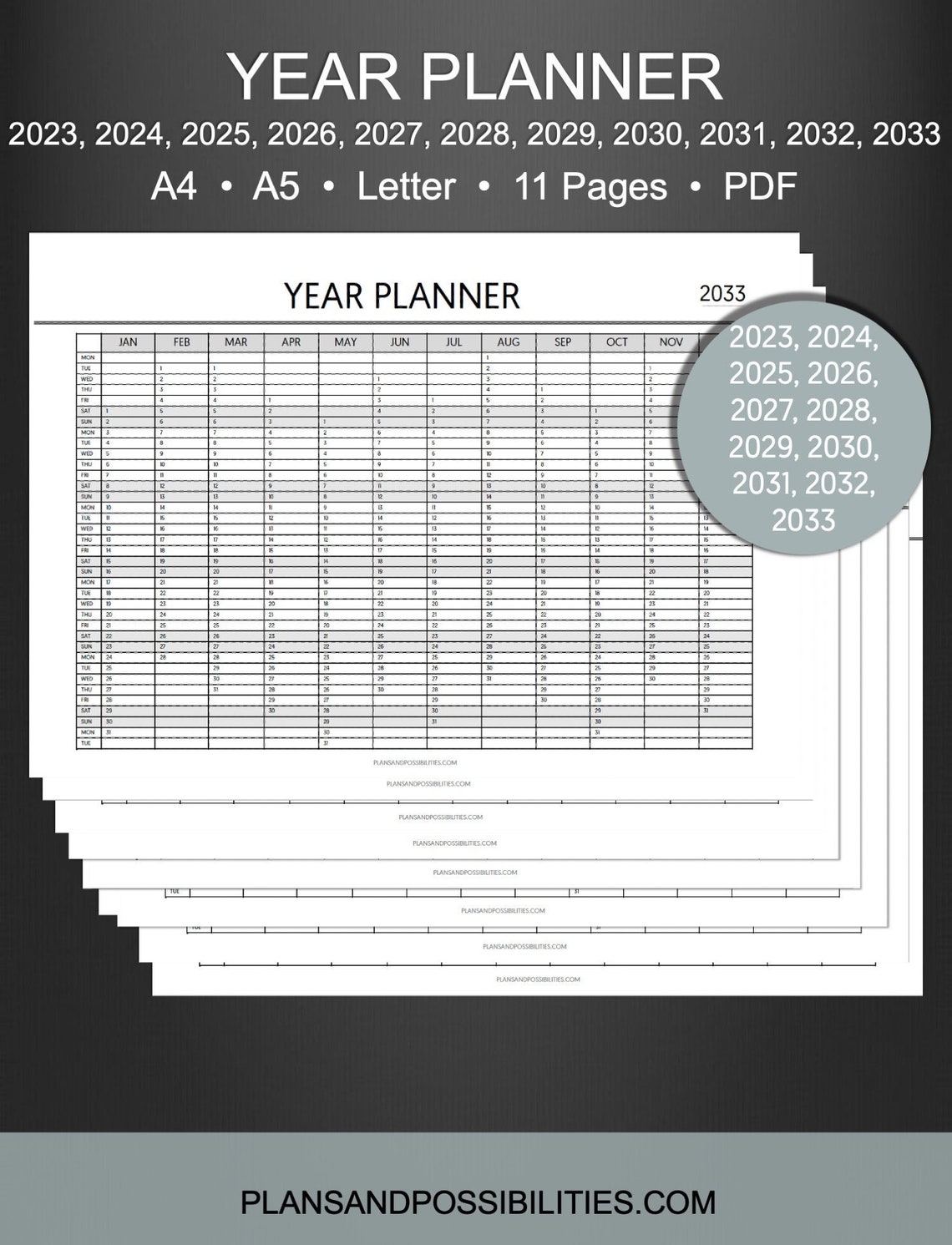 Yearly Planner Printable PDF, Year at A Glance, Year on One Page ...