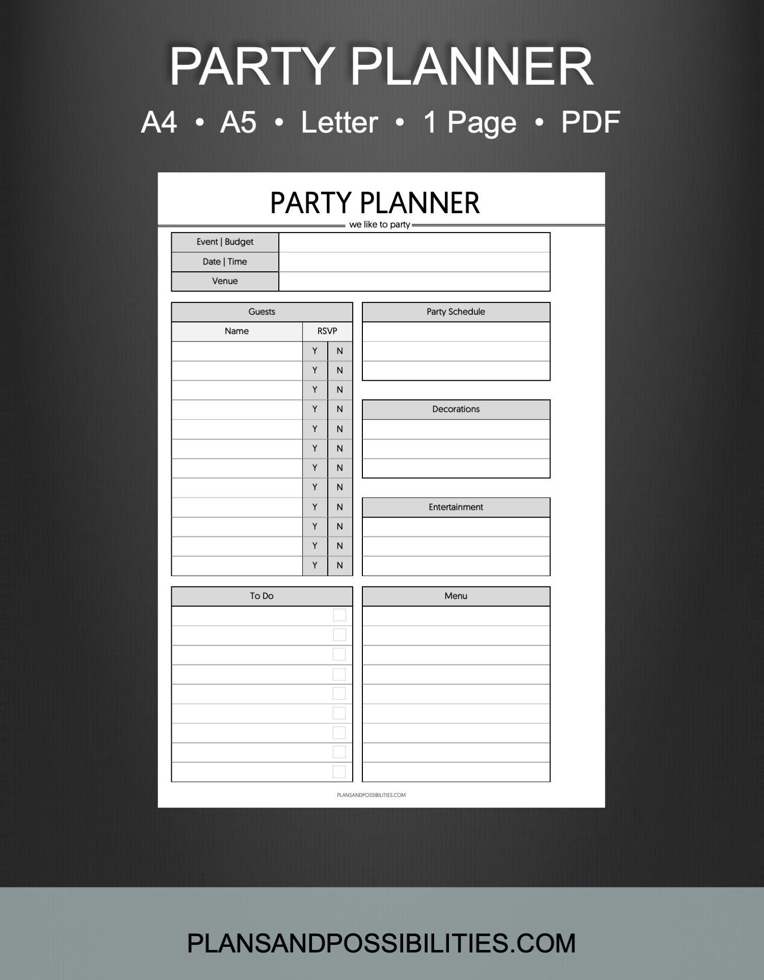 Paper & Party Supplies Calendars & Planners Paper A5 WIDE Party Planner ...