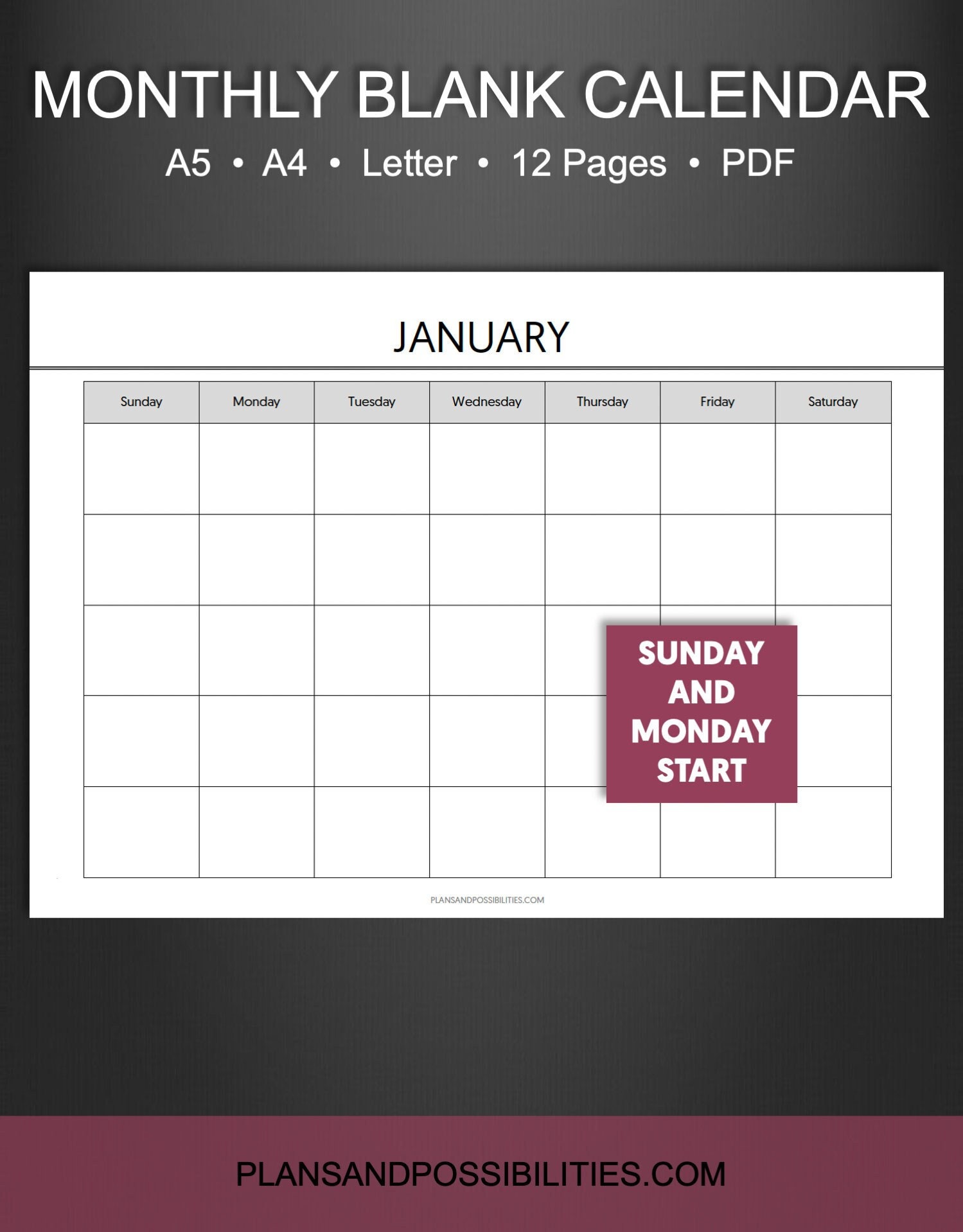 Undated Monthly Planner Printable, Undated Blank Monthly, Calendar ...