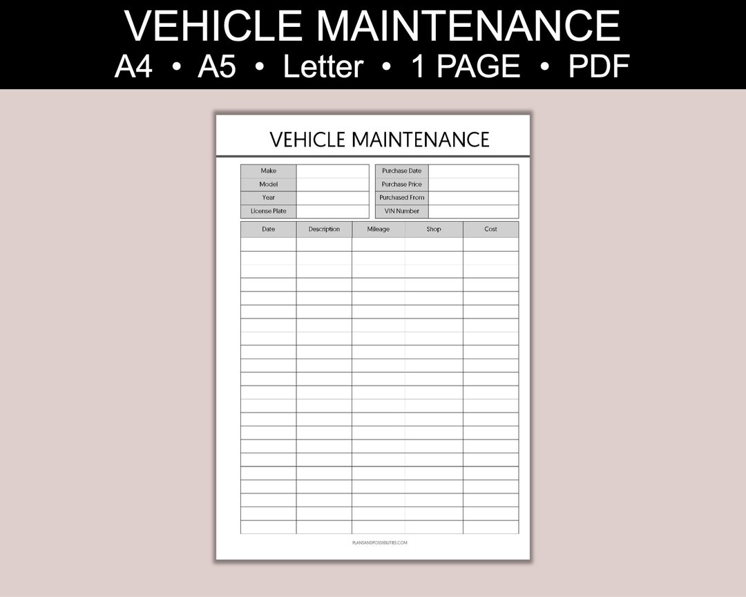 Vehicle Maintenance Log Book Printable Planner, Car Maintenance Log ...