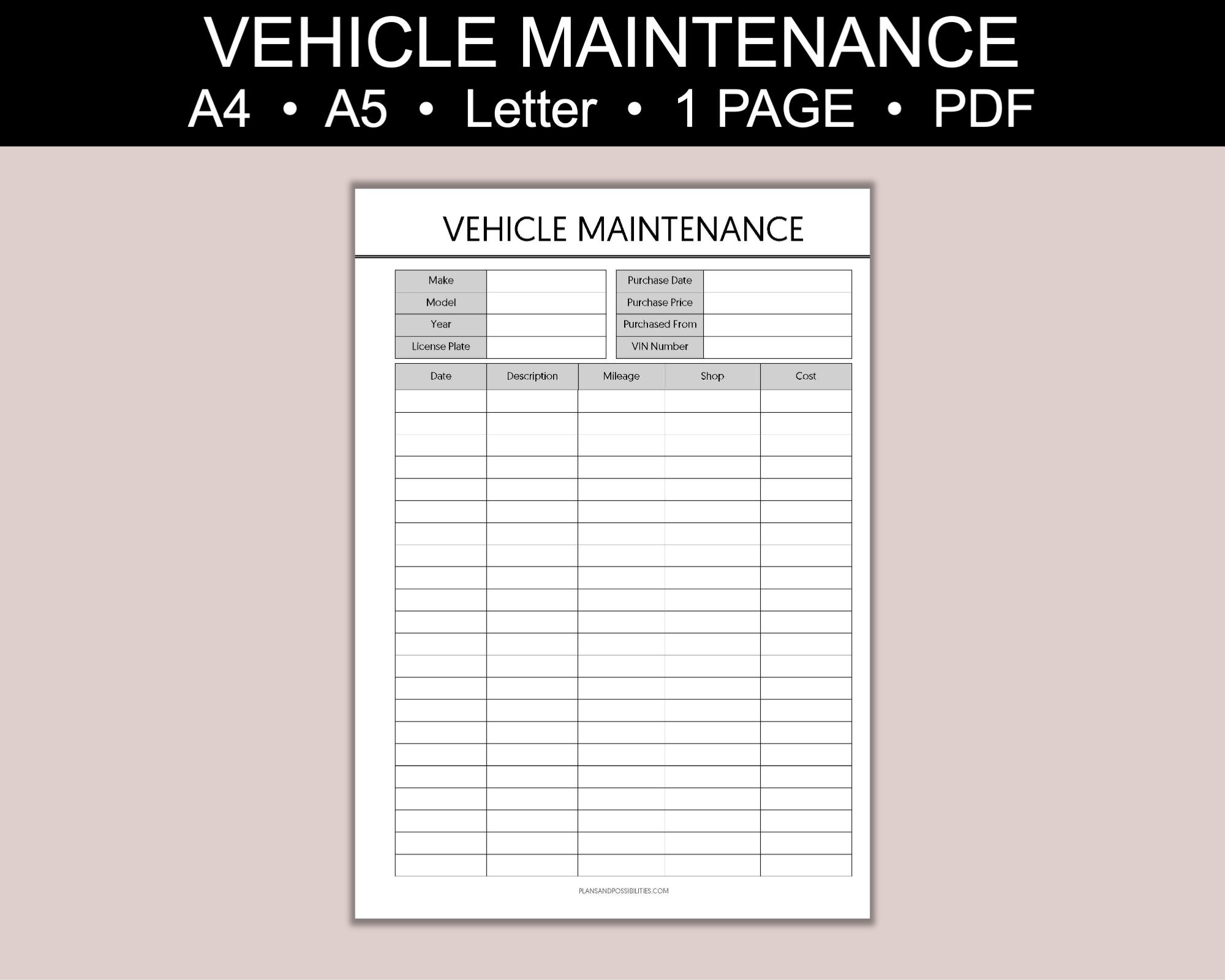 Vehicle Maintenance Log Book Printable Planner, Car Maintenance Log ...