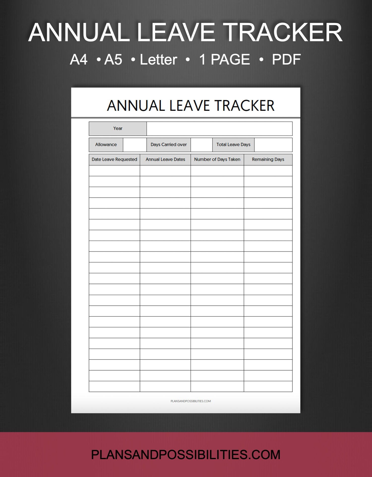 Work Leave Printable, Annual Leave Tracker, Work Leave Tracker, Days ...