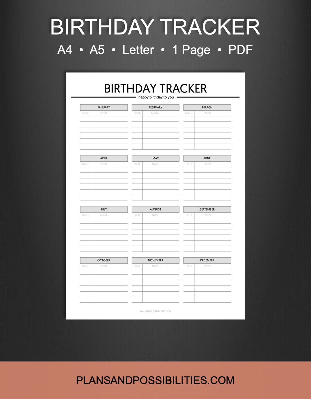 Birthday Tracker Printable, Important Dates Book, Birthday Reminder ...