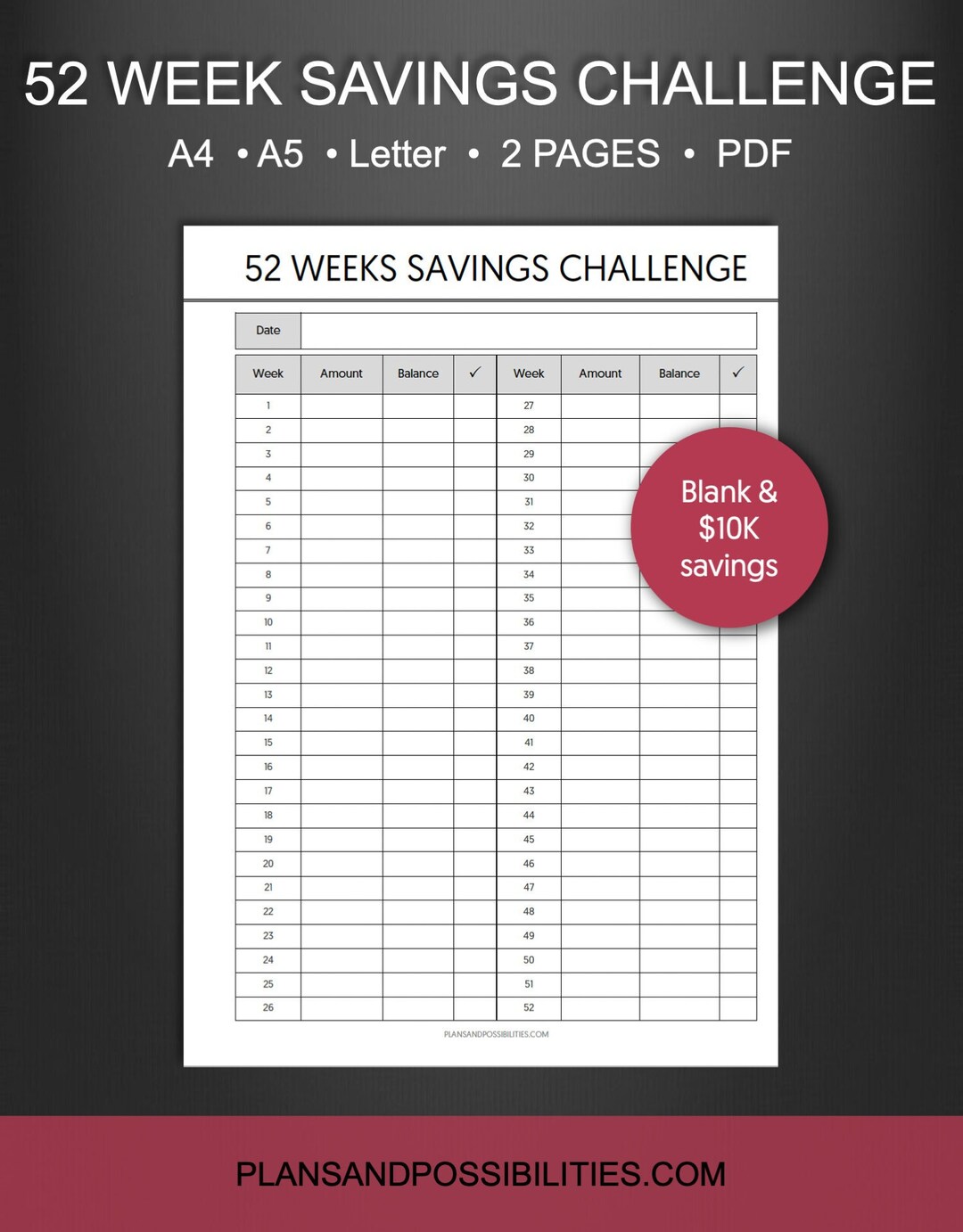 52 Week Savings Tracker Planner Printable, 10000 Saving Challenge ...