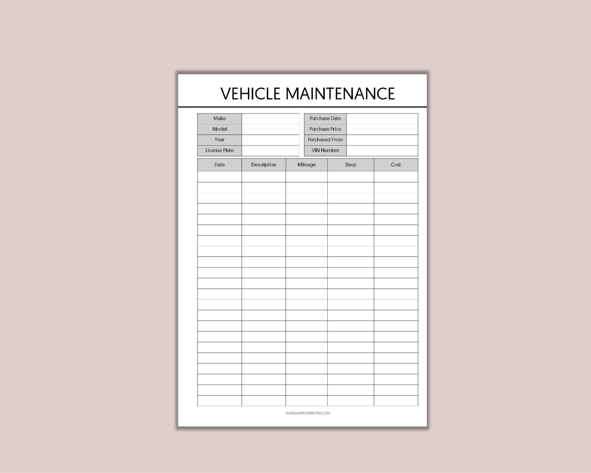 Vehicle Maintenance Log Book Printable Planner, Car Maintenance Log ...