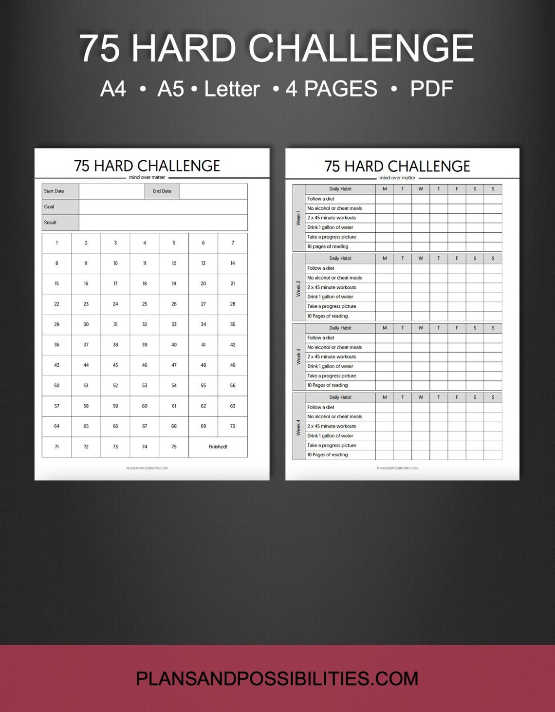 75 Hard Challenge Printable, 75 Hard Printable, 75 Hard Tracker, 75 ...