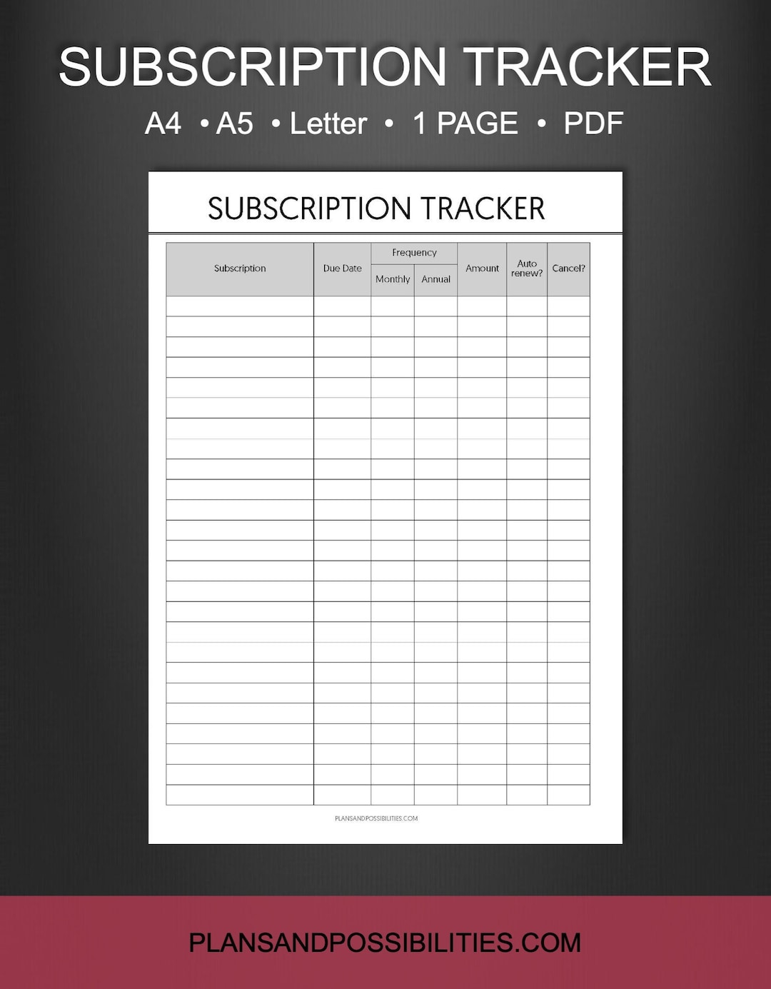 Subscription Tracker Printable, Monthly Bill Payment Tracker, Recurring ...