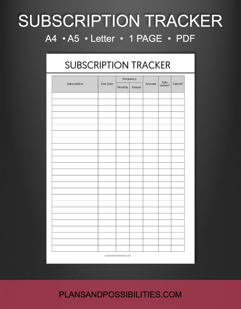 Subscription Tracker Printable, Monthly Bill Payment Tracker, Recurring ...