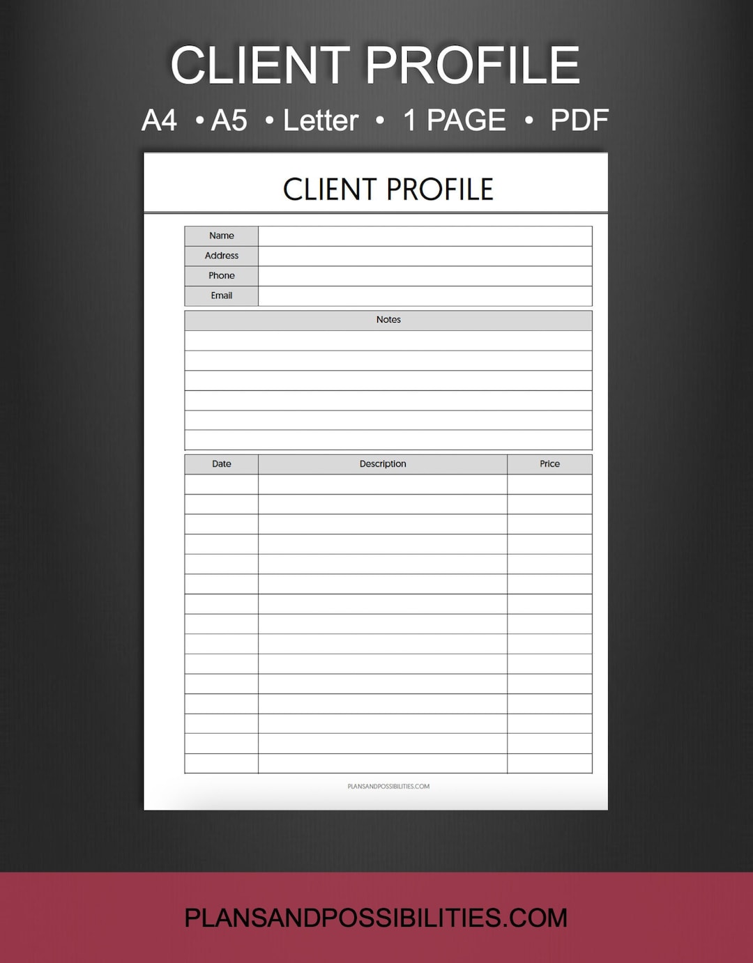 Client Profile Template PDF, Client Information, Customer Log, Client ...