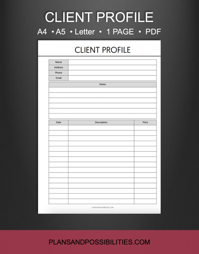 Client Profile Template PDF, Client Information, Customer Log, Client ...